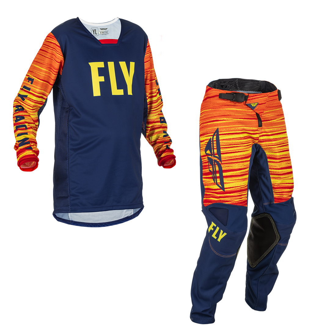 Fly Racing Youth Kinetic Wave Gear Set (Navy/Yellow/Red): AOMC.mx